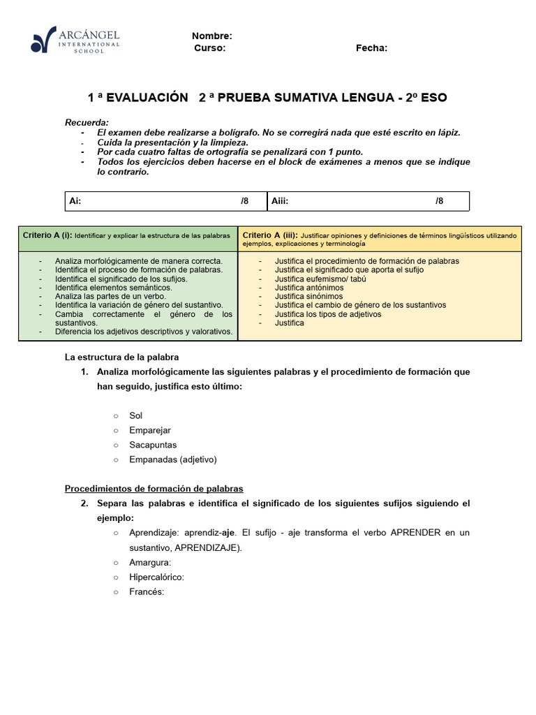 FORMATIVA 2ºESO - 2 Prueba Sumativa - 1 Eval. 22 - 23 | PDF ...