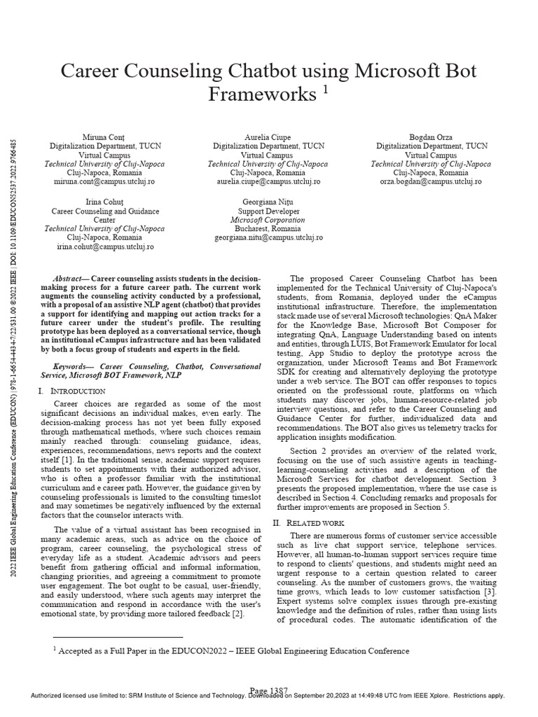 Career Counseling Chatbot Guide | PDF | Machine Learning | Microsoft Azure