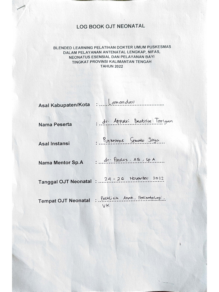 Log Book OJT Neonatal DR - Afputri | PDF