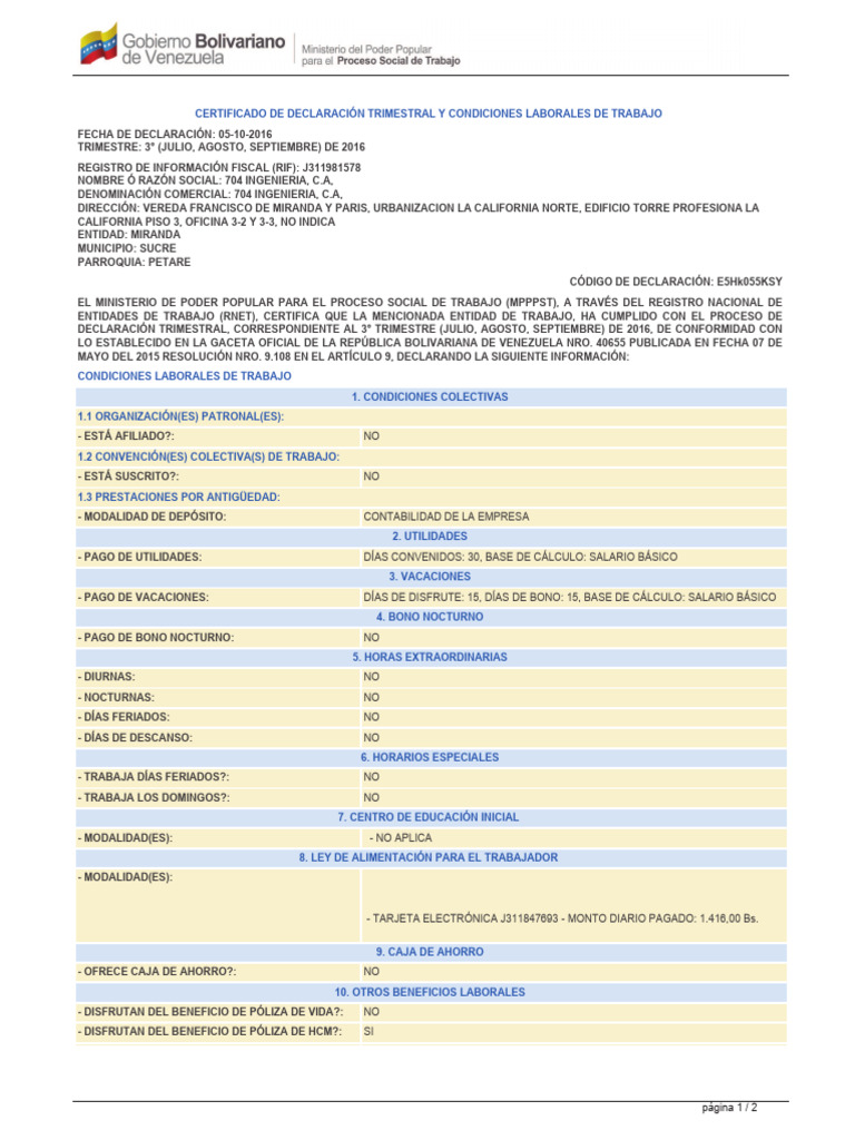 Planilla de Declaracion Trimestral | PDF