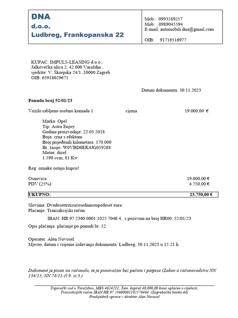Ponuda 52, Opel Astra | PDF