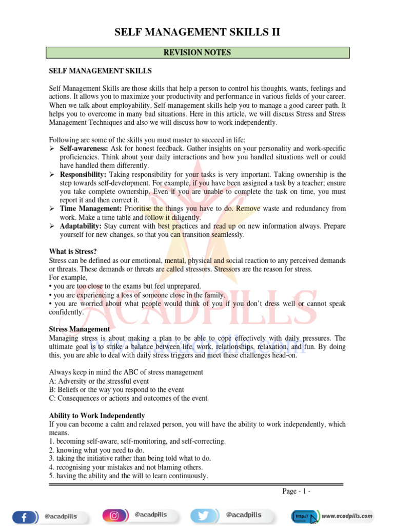 01 Self Management Skills II | PDF | Stress (Biology) | Goal