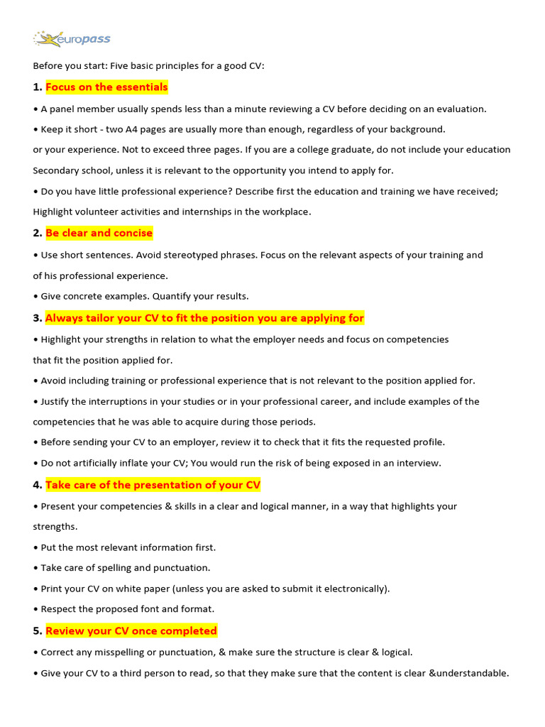 Instructions To Fill in The CV | PDF | Experience | Human Resources