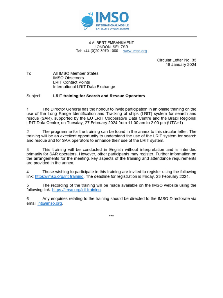 Circular Letter No. 33 LRIT Training For Search and Rescue Operators ...