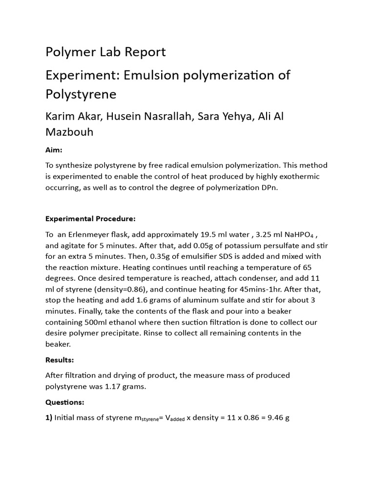 Experiment 1-Emulsion Polymerization of Polystyrene | PDF | Polystyrene | Physical Sciences