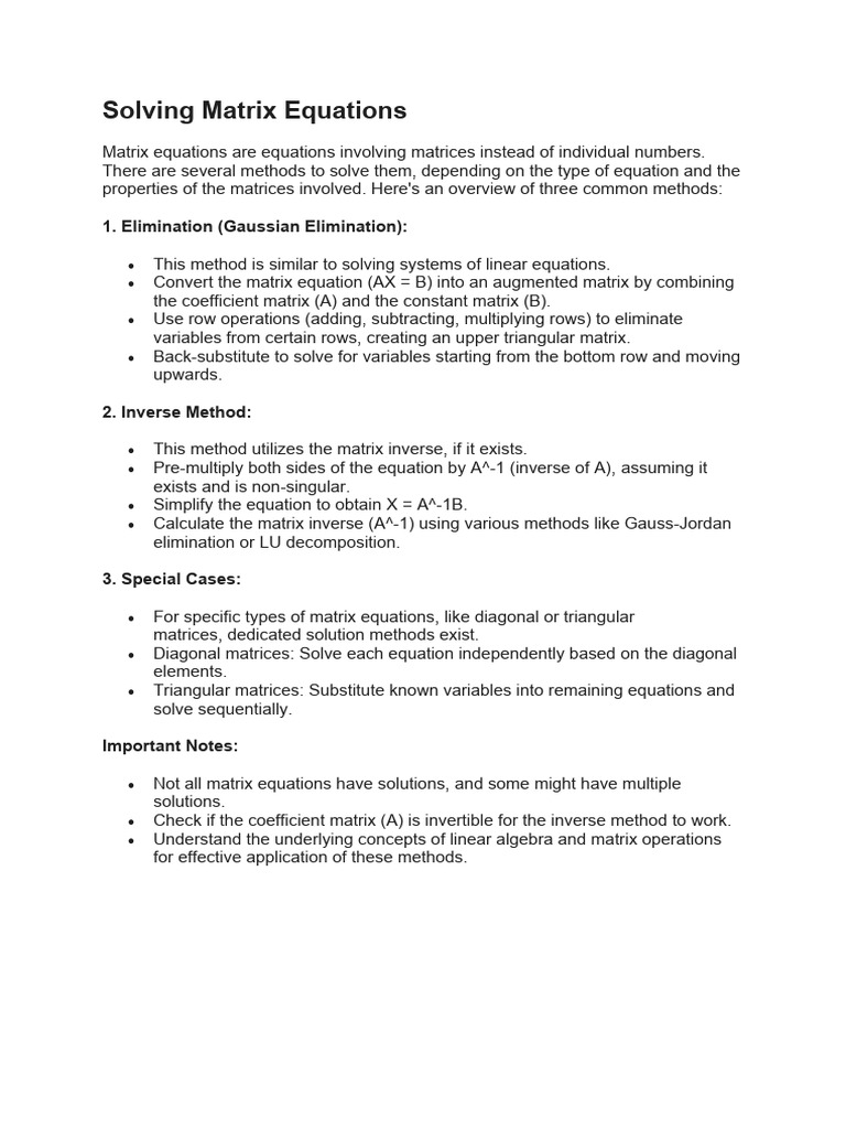 Matrix Equation Solving Methods | PDF | Teaching Methods & Materials ...