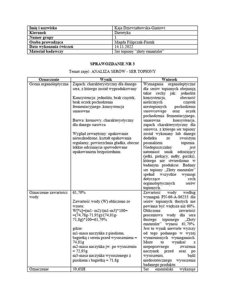 Sprawozdanie - Sery | PDF