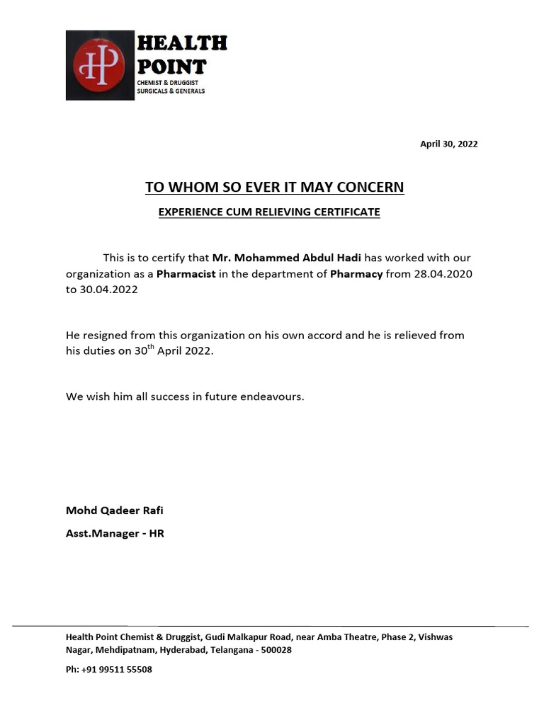 Experience Letter Pharmacist | PDF