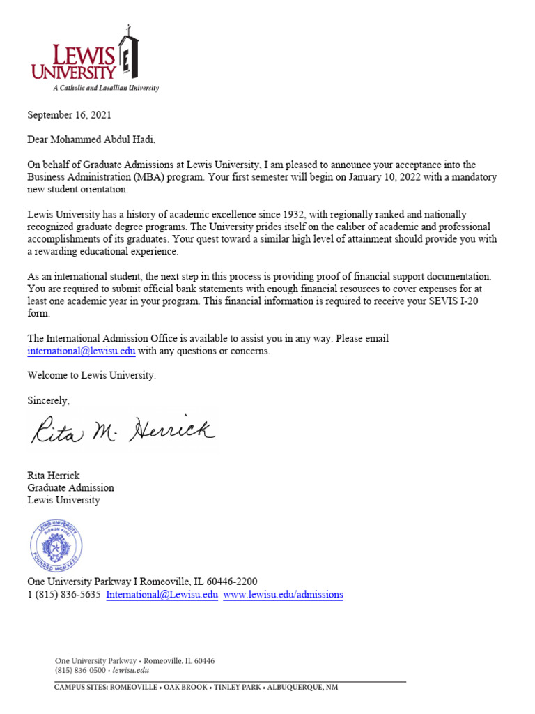 Lewis Admit Letter | PDF