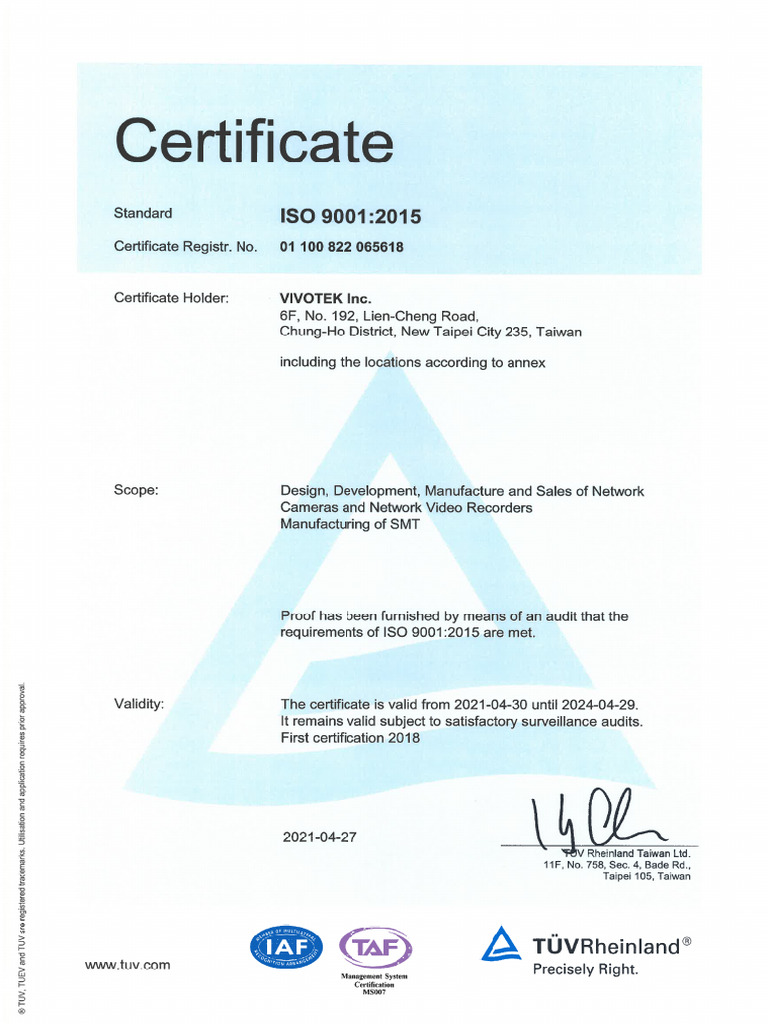 Iso9001 - 2021 - en Vivotek | PDF