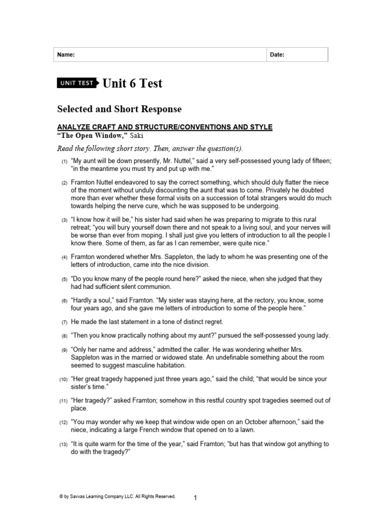 Unit 6 Test: "The Open Window" Analysis | PDF | Virginia Woolf | Narration