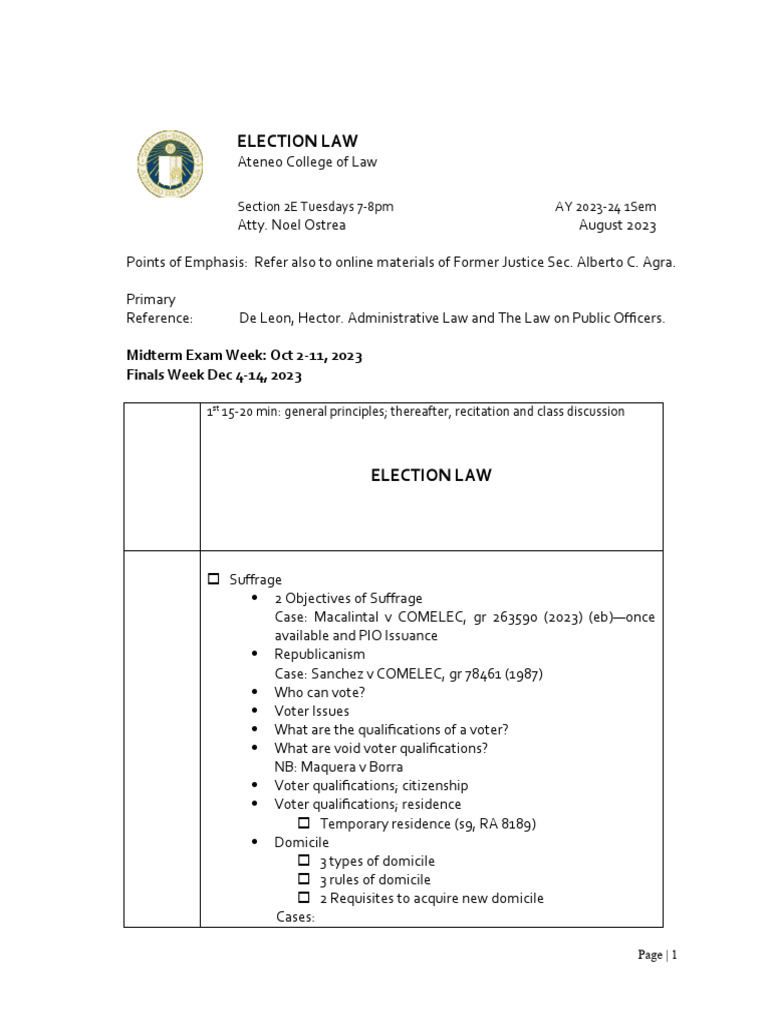 EL ALS Syllabus Aug2023 | PDF | Commission On Elections (Philippines ...