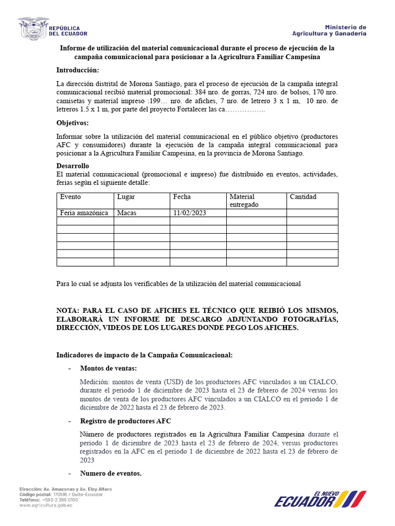 Formato Informe de Utilización Del Material Impreso y Promocional - AFC | Descargar gratis PDF ...