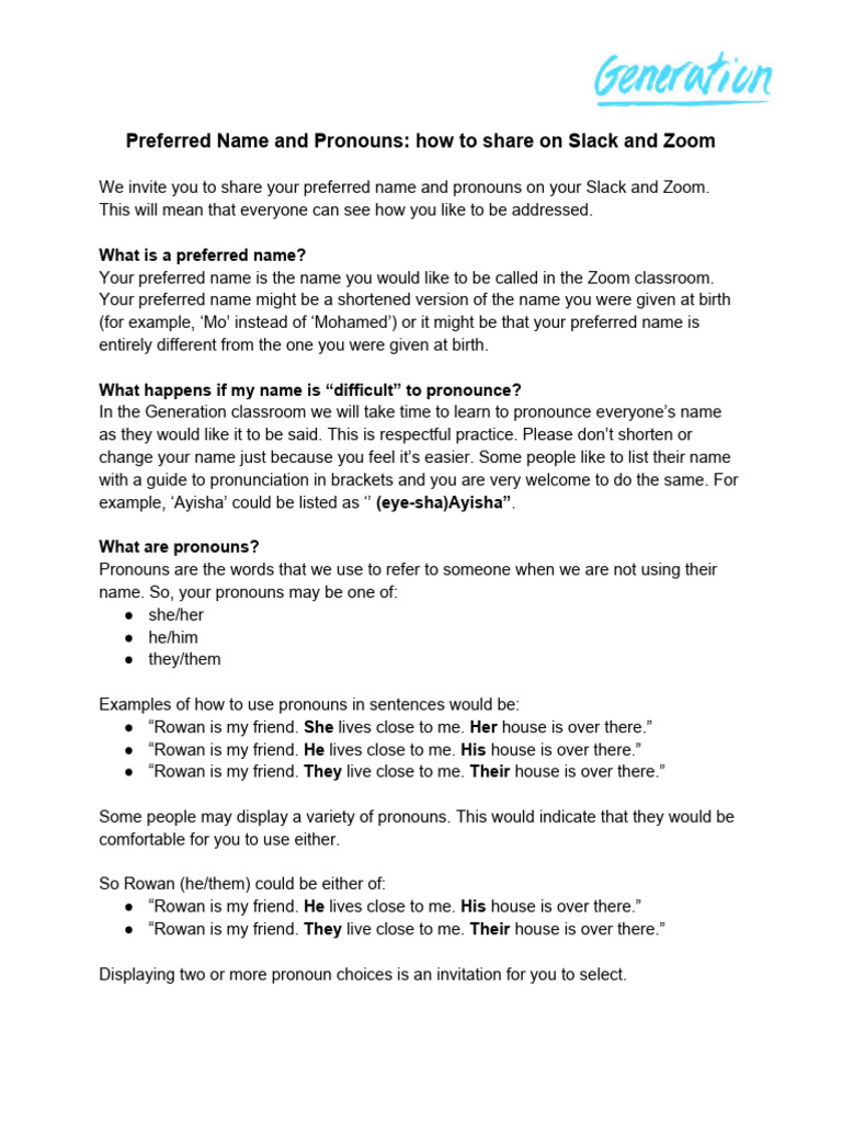 Preferred Name and Pronouns - How To Share On Slack and Zoom | PDF ...