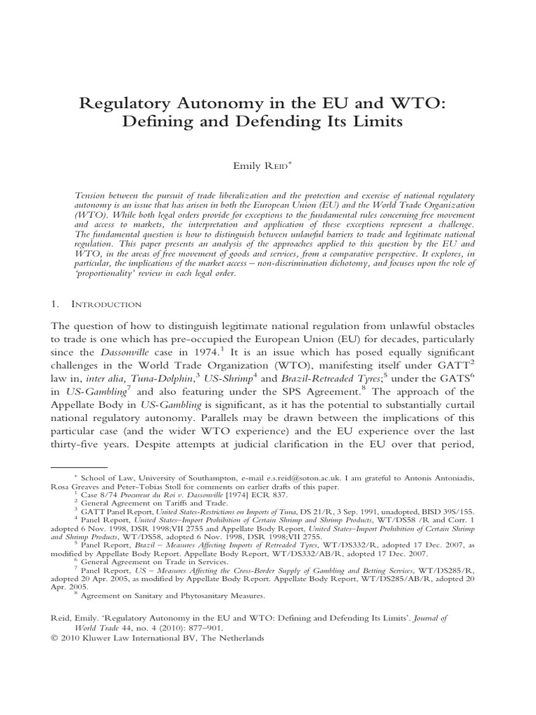 Emily Reid - Regulatory Autonomy in The EU and WTO - Defining and Defending Its Limits | PDF ...