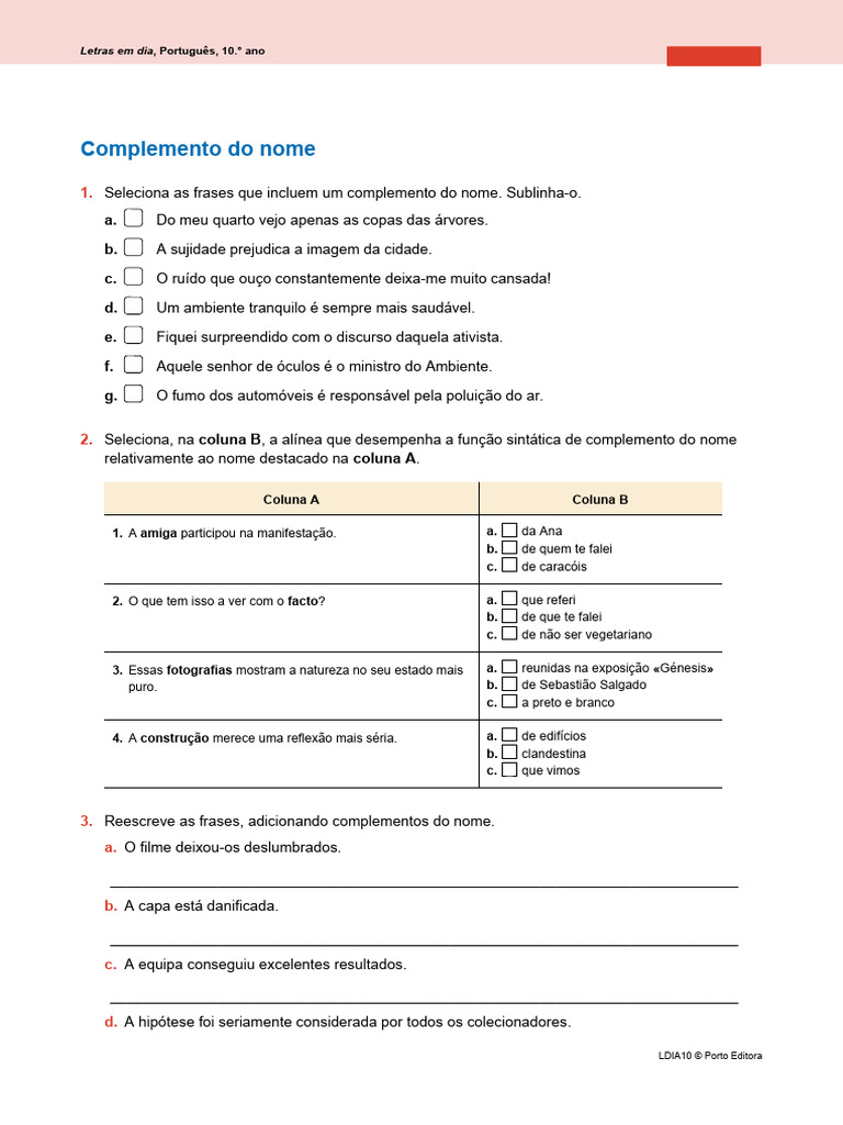 Ldia10 Ficha Gramatica Complemento Nome | PDF