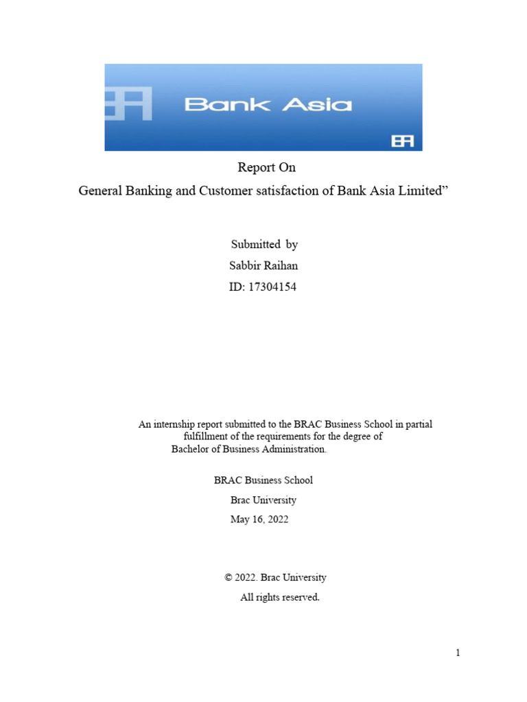 Report On General Banking and Customer Satisfaction of Bank Asia ...