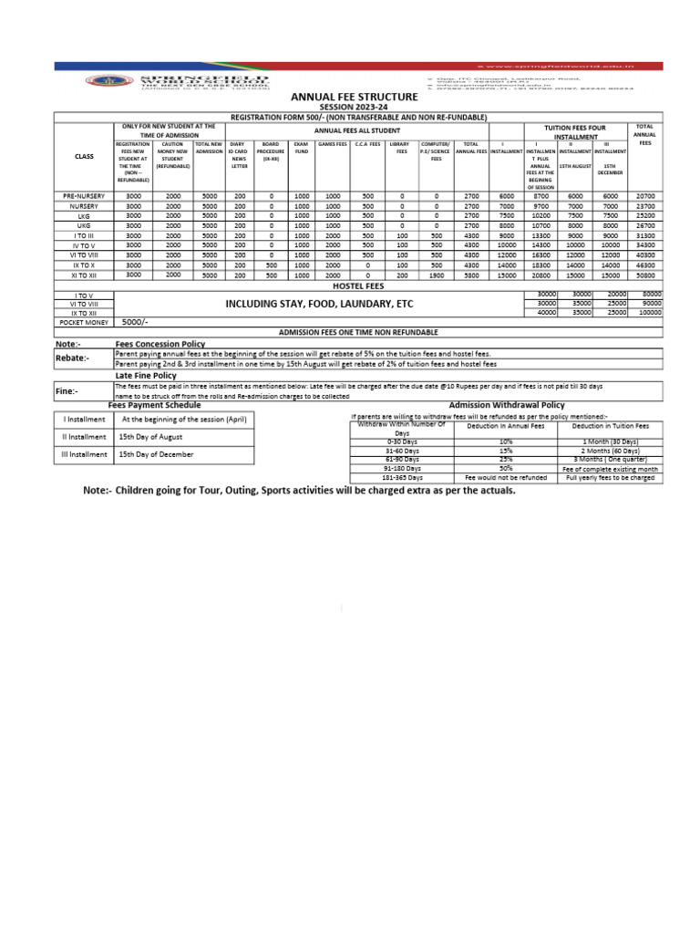 FEES STRUCTURE 2023-24 | PDF | Tax Refund | Fee