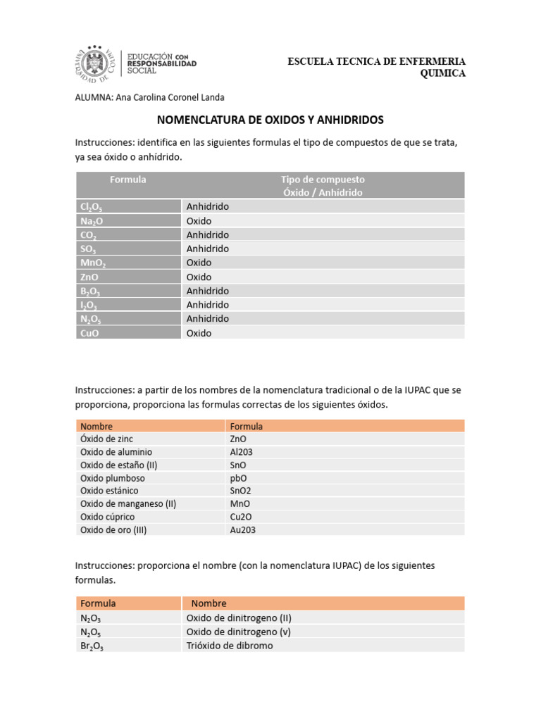 Ana Carolina Coronel Landa - Actividad 3. Nomenclatura de Oxidos y ...