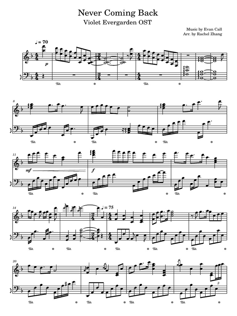 Never Coming Back Violet Evergarden Music by Evan Call | PDF