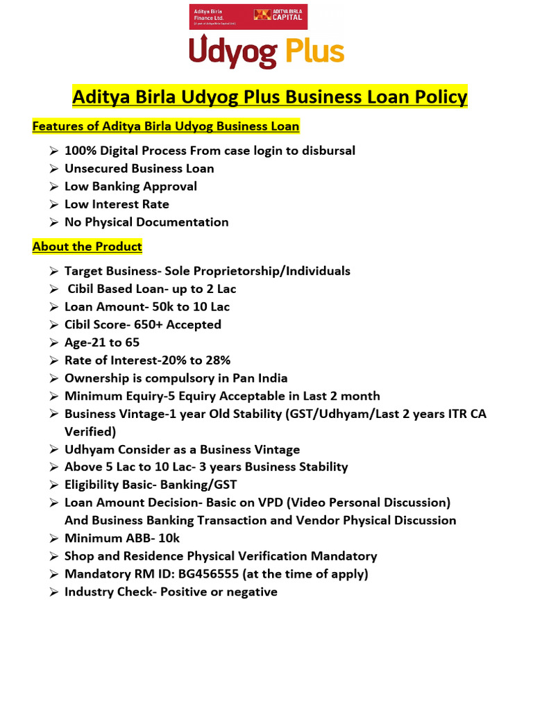 Aditya Birla Udyog Plus Business Loan Policy Pdf