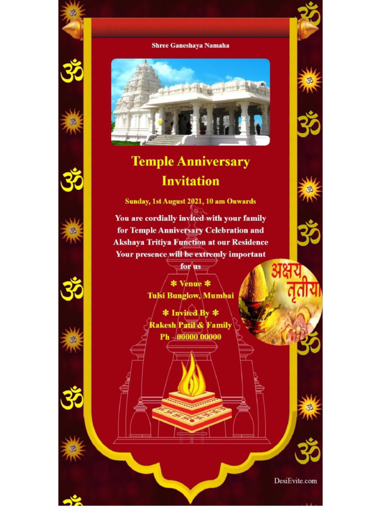 Temple Anniversary and Puja Card Template 157 | PDF