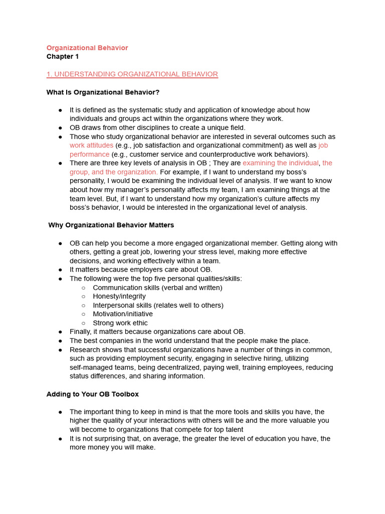 Chapter 1 OB | PDF | Learning | Organizational Behavior