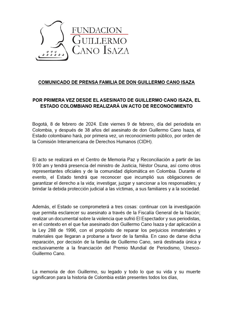 Comunicado Fundación Guillermo Cano Isaza | PDF
