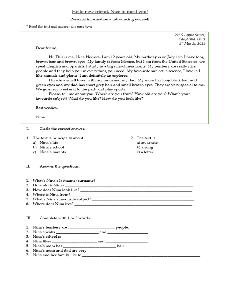 Personal Informatio Hello New Friend | PDF | Language Arts & Discipline