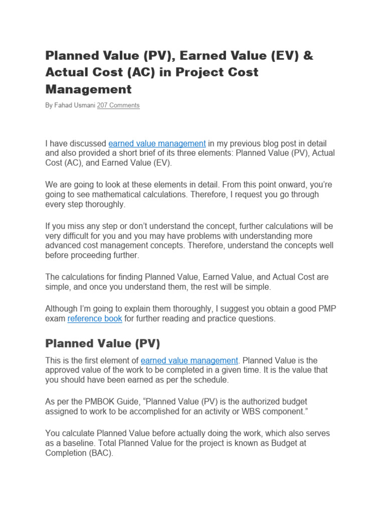 Planned Value (PV), Earned Value (EV) & Actual Cost (AC) | Download Free PDF | Analysis