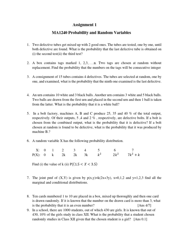 Assignment 1 MA1240 | PDF | Statistical Theory | Statistics
