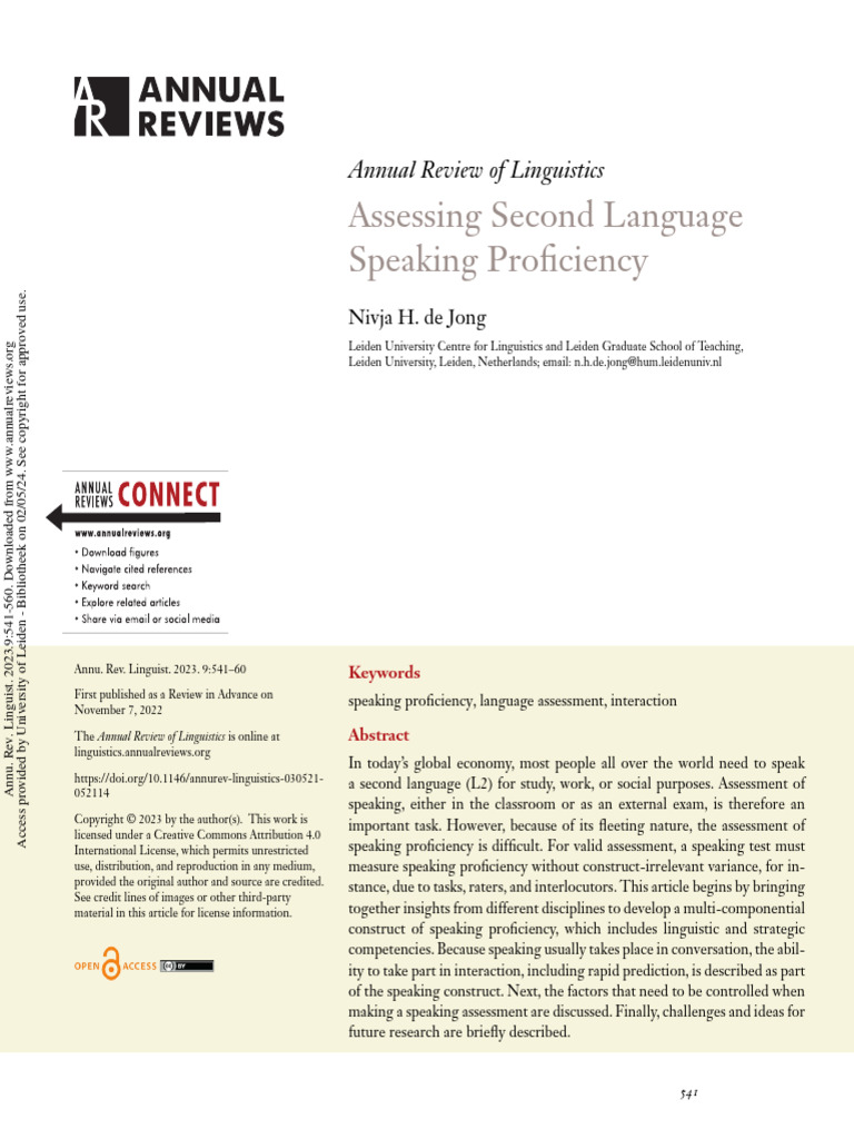 De Jong 2023 Assessing Second Language Speaking Proficiency | PDF | Second Language ...
