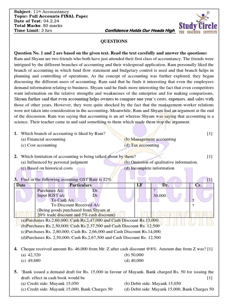 Class 11th Final Test Pdf Debits And Credits Depreciation