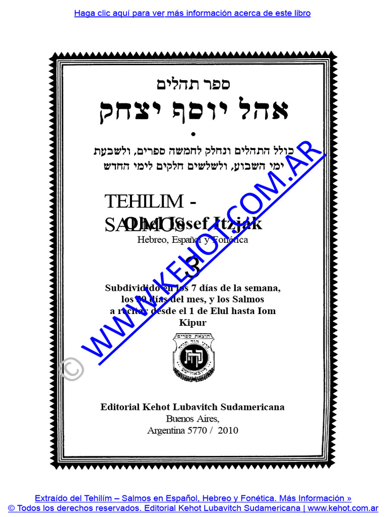 Tehilim Salmos en Espaol Hebreo y Fonetica Editorial Kehot | Descargar ...