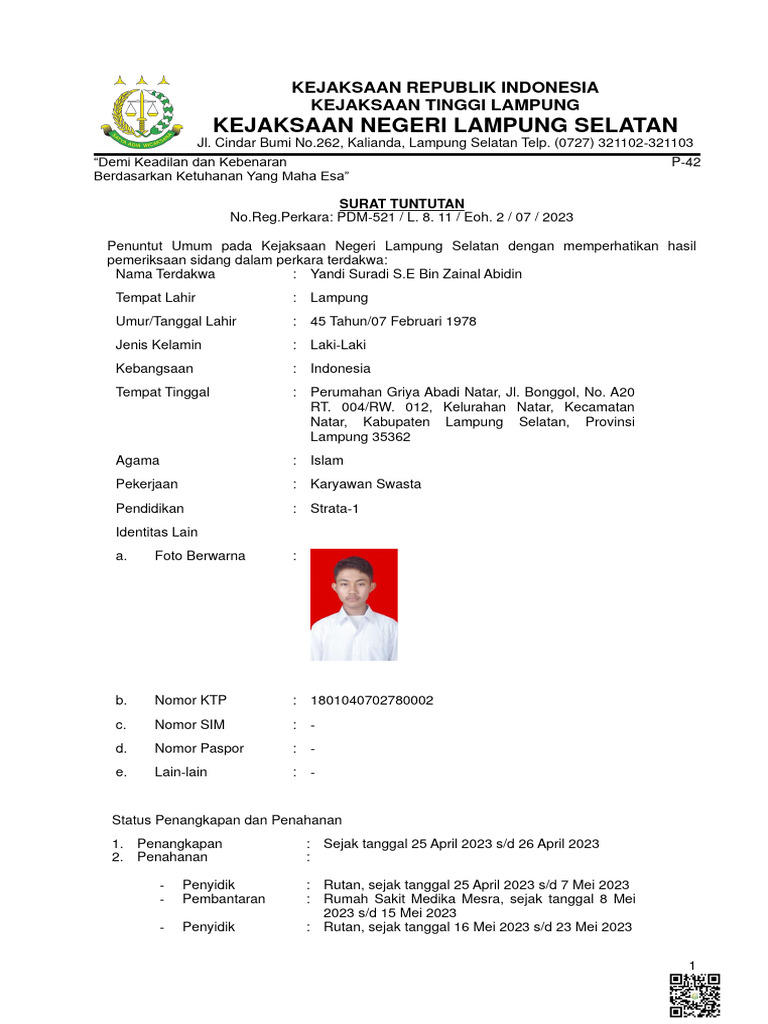 Tuntutan Terhadap Yandi Suradi S.E. | PDF