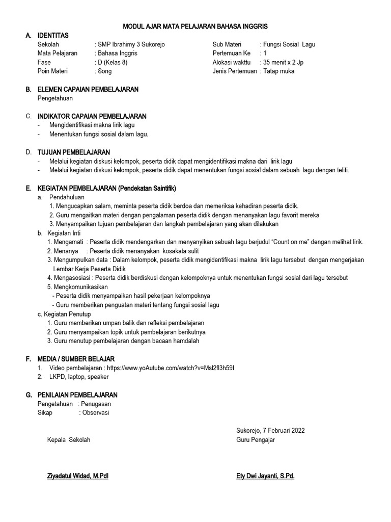 MODUL AJAR - Ety Dwi Jayanti - Bhs Ing 8 Revisi | PDF