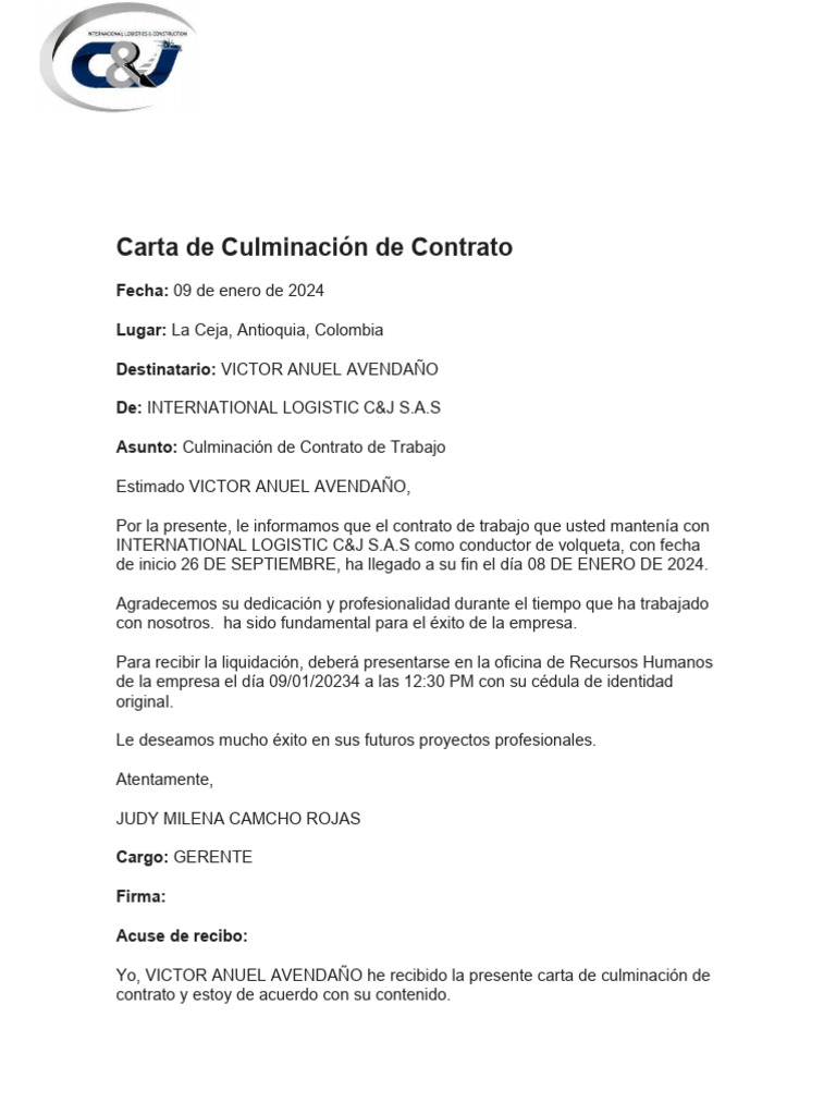 Carta de Culminacion de Contrato de Victor Anuel | PDF