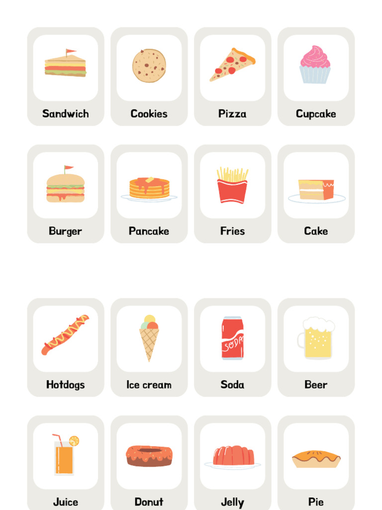 Colorful Illustrative Party Food Flashcards | PDF