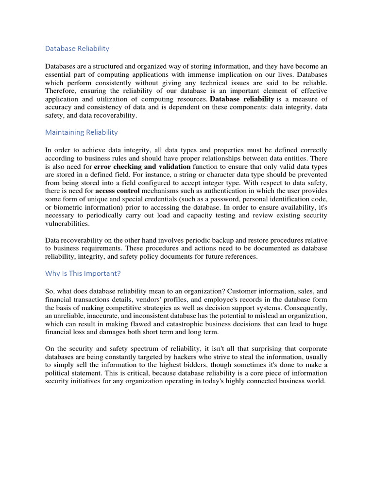 Database Reliability | PDF | Reliability Engineering | Databases