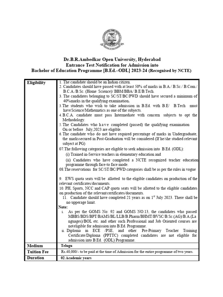 B.Ed., ET Notification 2023-24 | Download Free PDF | Educational Stages | Vocational Education