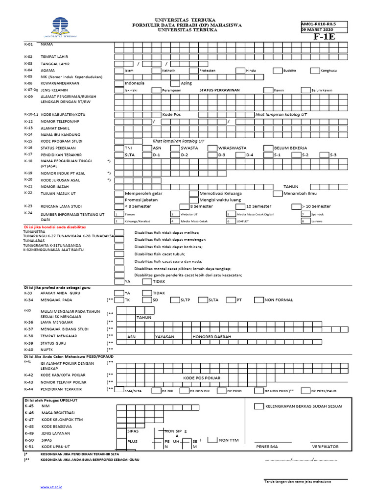 Formulir Data Pribadi Mahasiswa Universitas Terbuka F-1E AM01-RK10-RII ...