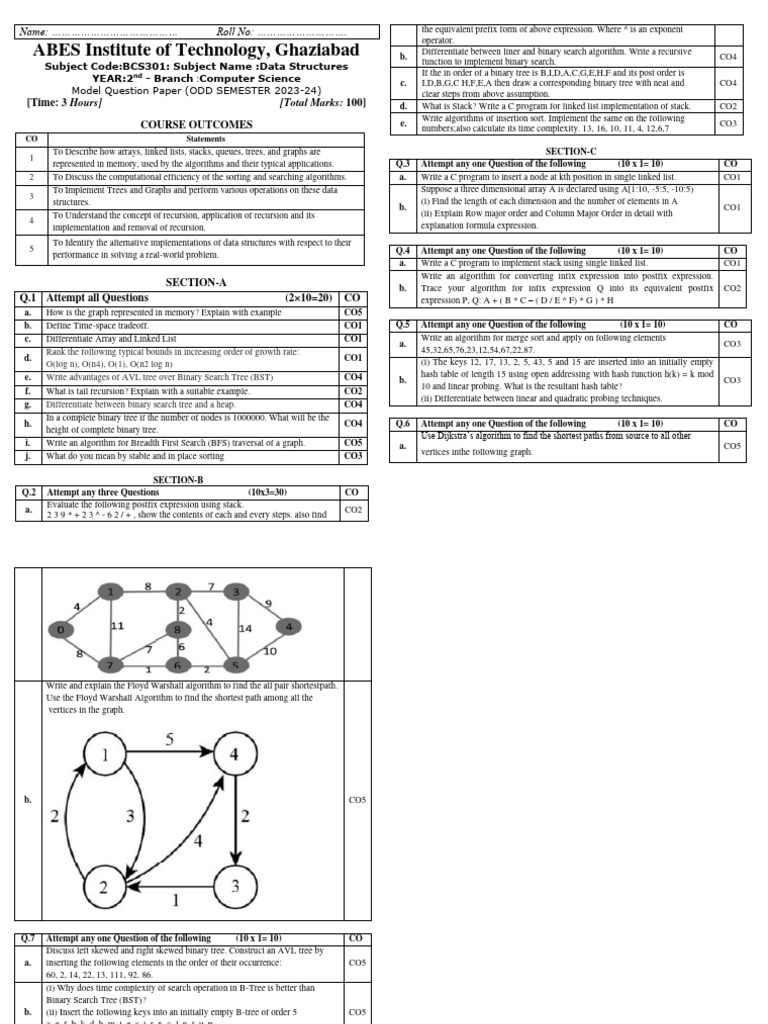 Model Paper-1 - BCS-301 2nd Year DS | PDF | Time Complexity | Computer Data