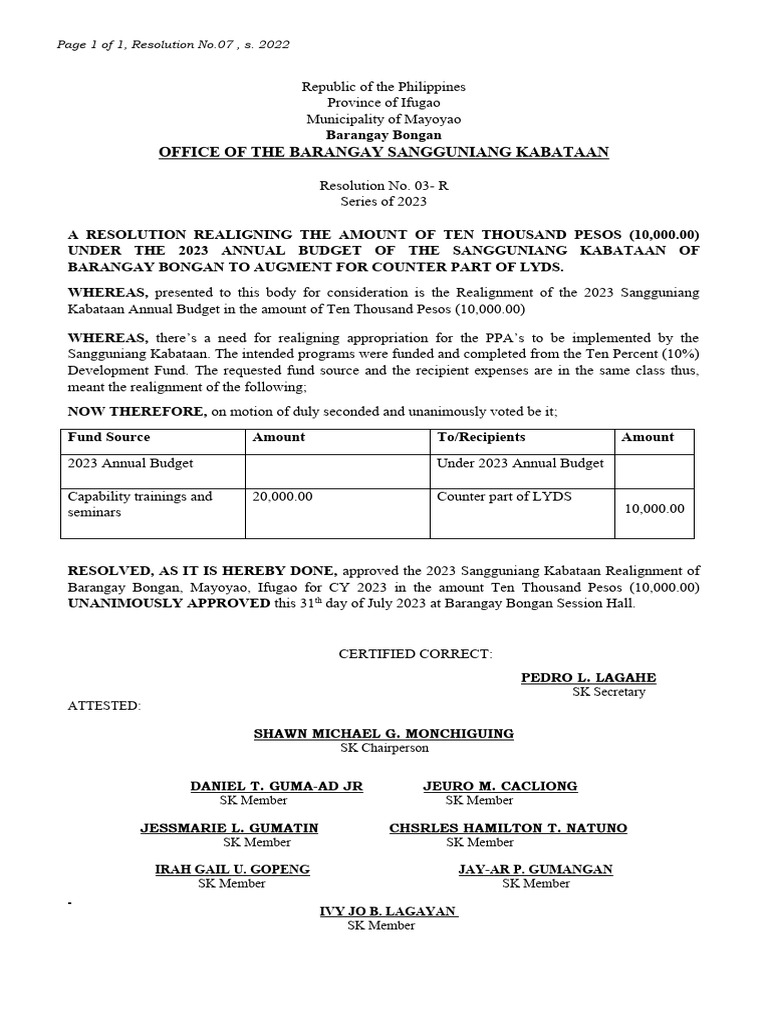 SK Fund Realignment Resolutions 2023 | PDF | Philippines | Government