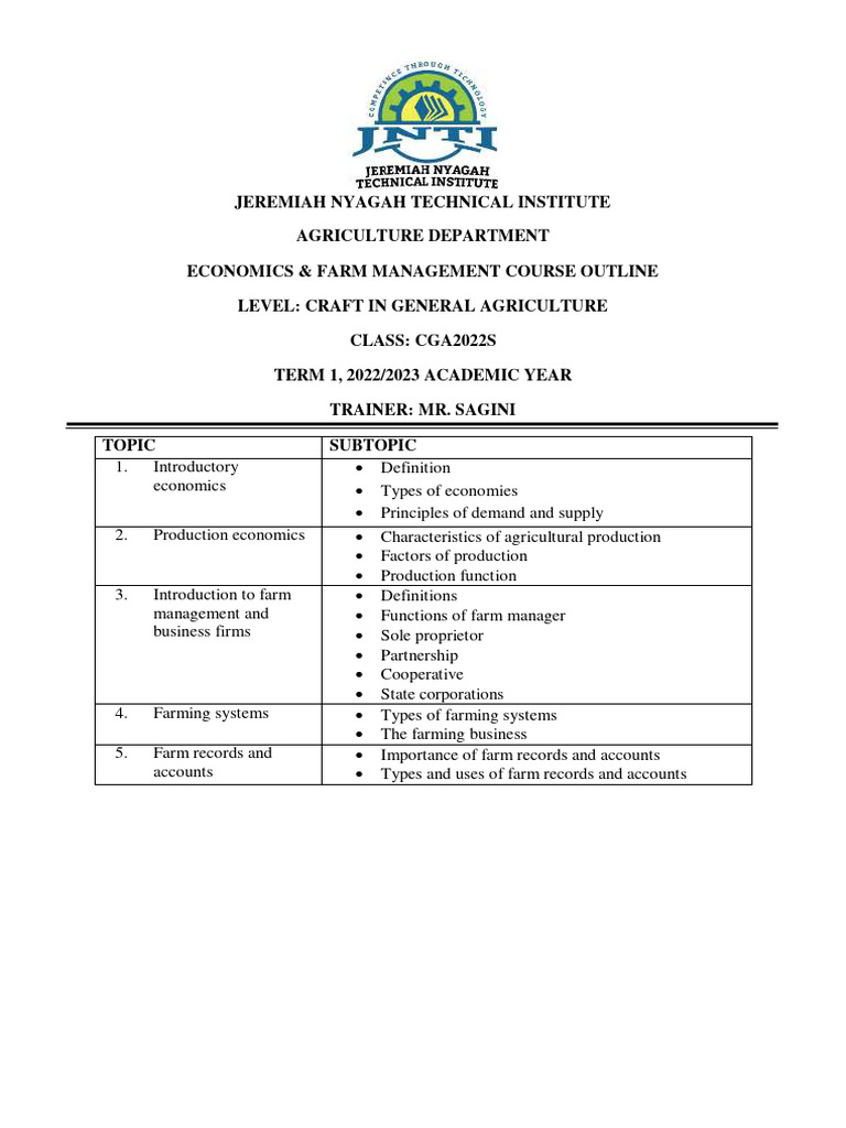 Agricultural Economics Course Outline | PDF | Supply (Economics) | Demand