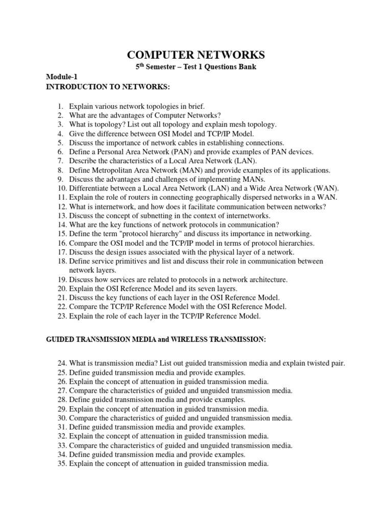 Computer Networks Questions Bank Test 1 | PDF