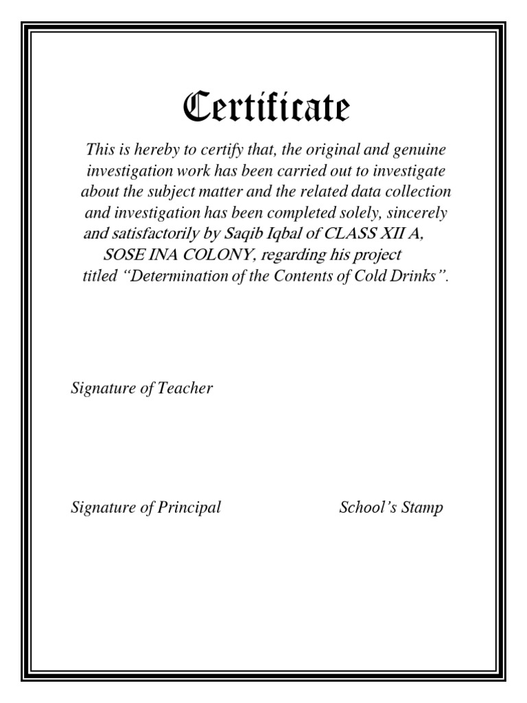 Certificate: SOSE INA COLONY, Regarding His Project and Satisfactorily ...