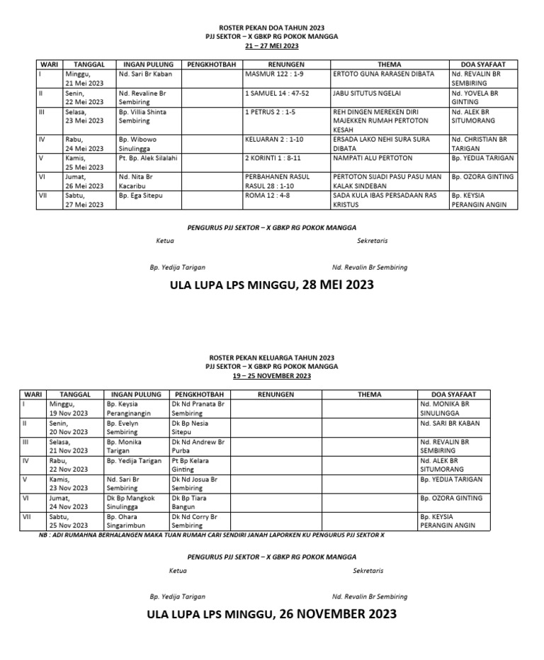 Roster Pekan Doa 2023 | PDF