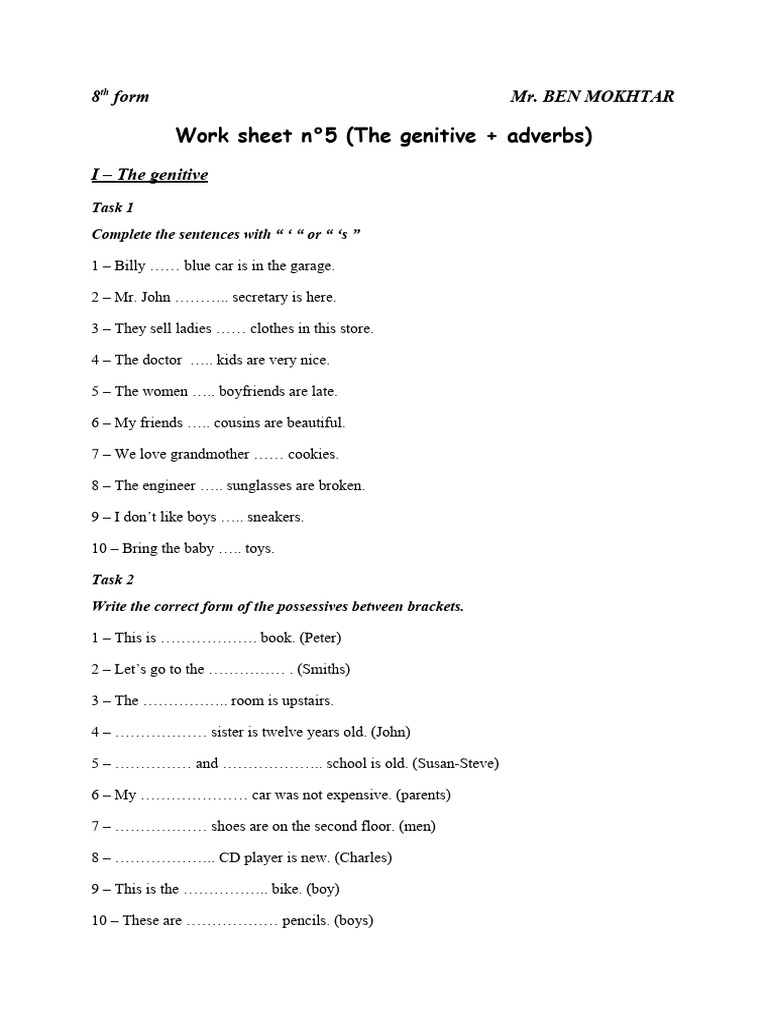 Work Sheet n5 The Genetive | PDF | Adverb