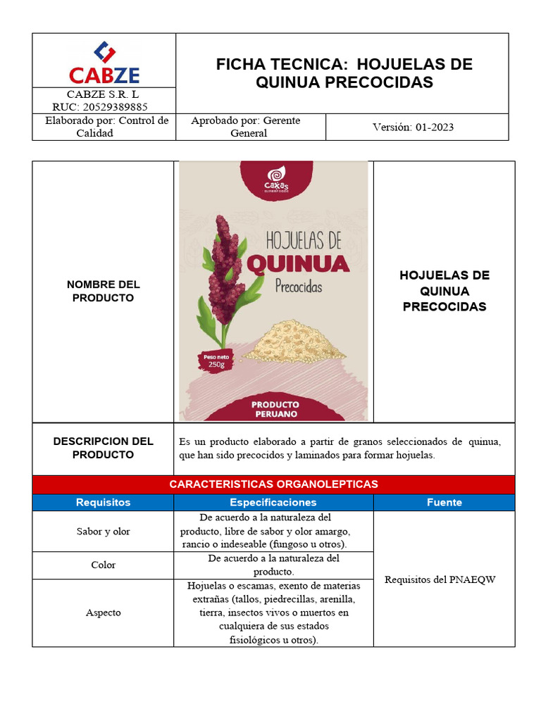 Ficha Tecnica - Hojuelas de Quinua | PDF | Quinua | Comida y bebida