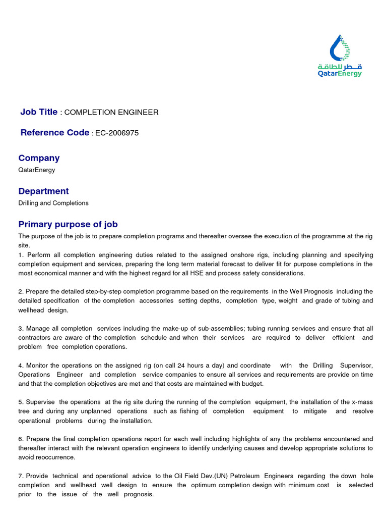 Completion Engineer Job Overview | PDF | Oil Well | Business